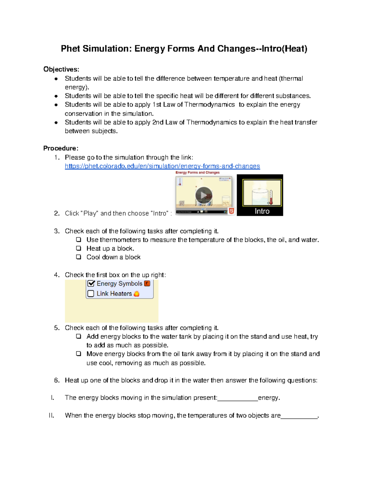 Phet Simulation: Energy Forms & Changes - Intro (Thermal Energy) - Studocu