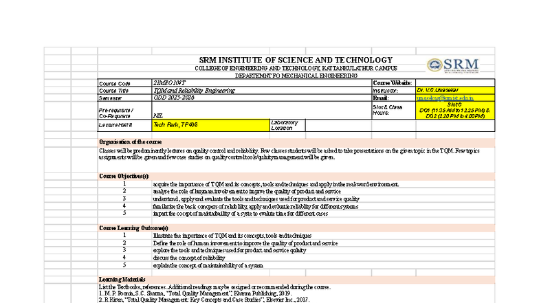 TQM and Reliability Engineering (21MEO104T) Course Handout - Studocu