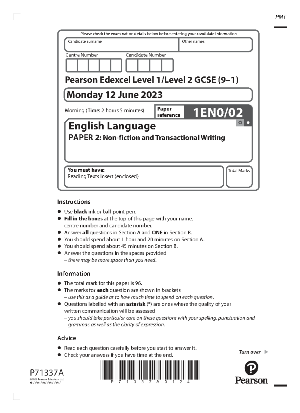 Edexcel GCSE English Language (9-1) Paper 2 June 2023 Exam QP - Studocu