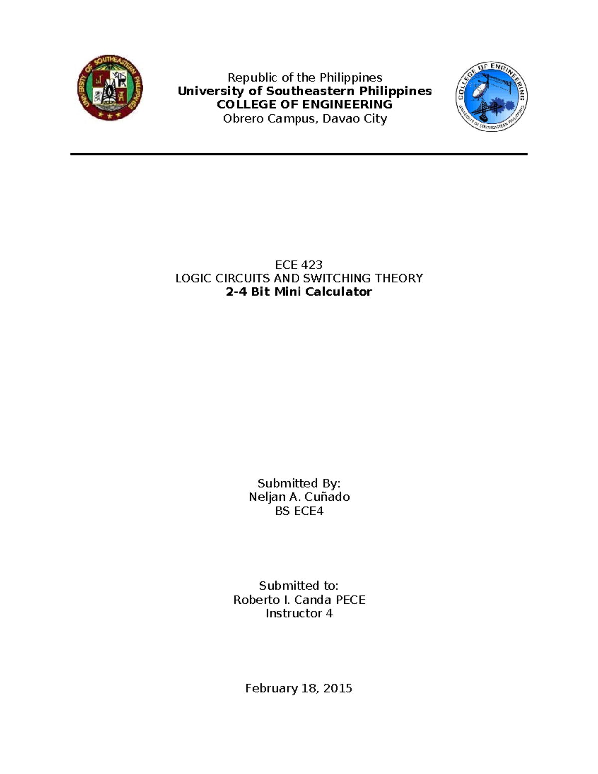 ECE 423 Final Project: Bit Mini Calculator Using Logic Gates - Studocu