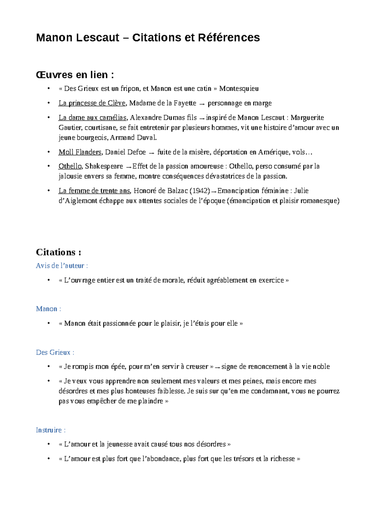 Citations et Références de Manon Lescaut : Analyse Littéraire - Studocu