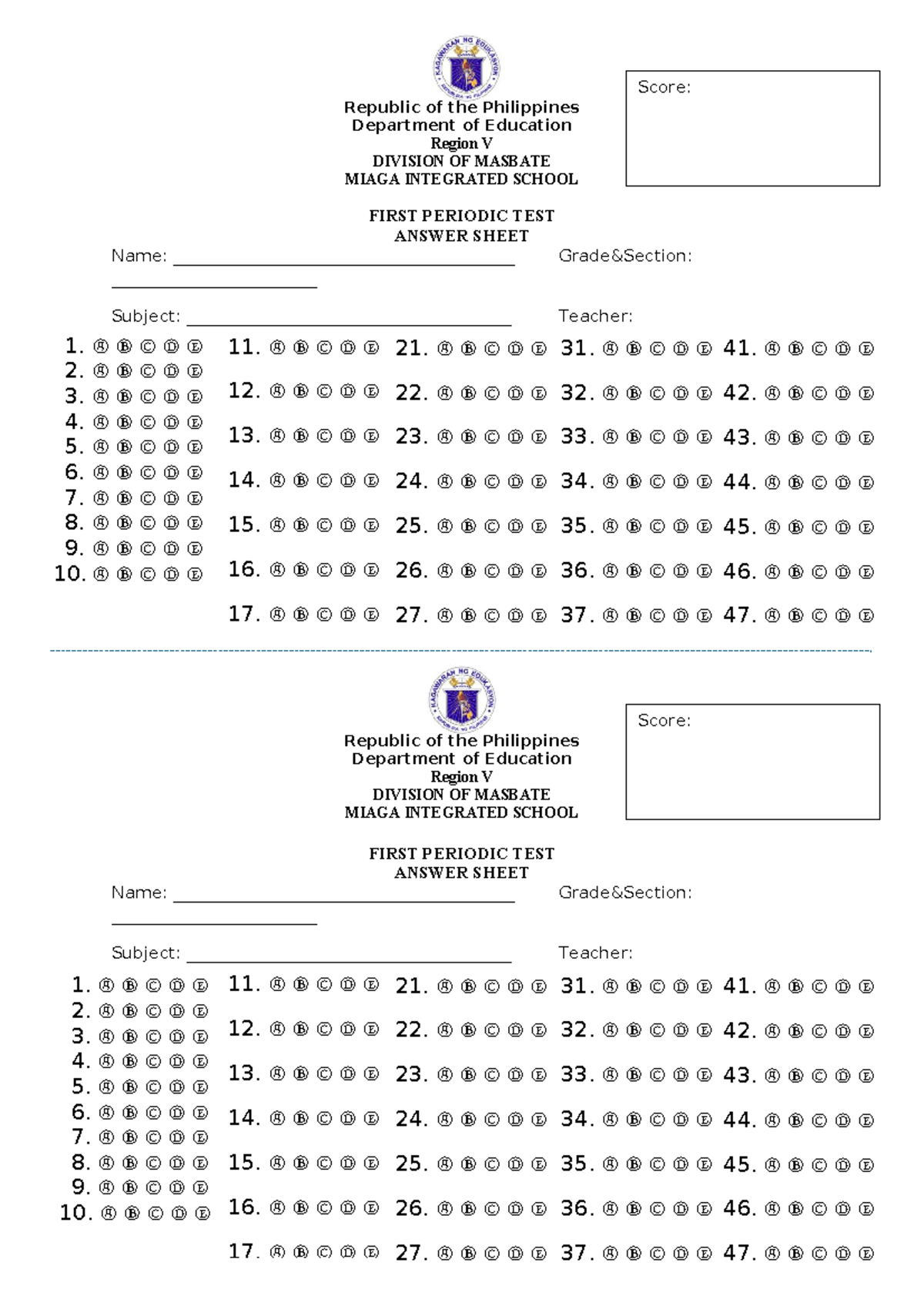 First Periodic Test Answer Sheet - Miaga Integrated School - Studocu