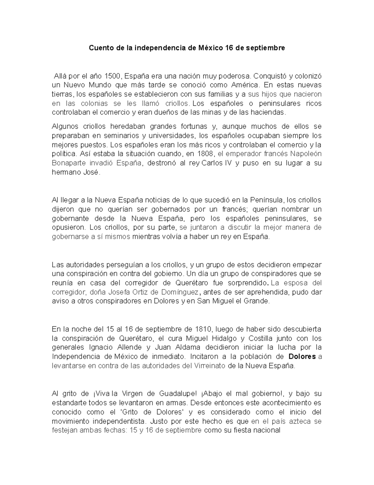 Cuento de la independencia de México 16 de septiembre - Conquistó y ...