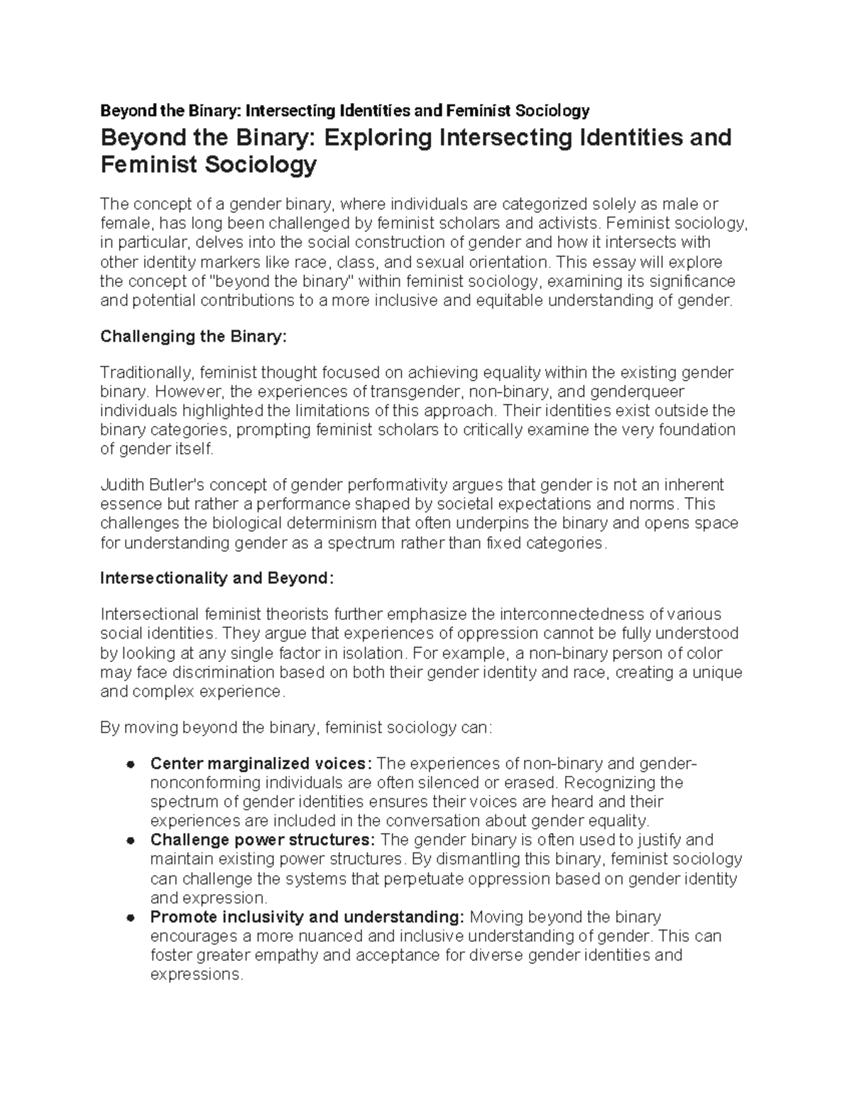 Feminist Sociology: Beyond the Binary and Intersecting Identities - Studocu