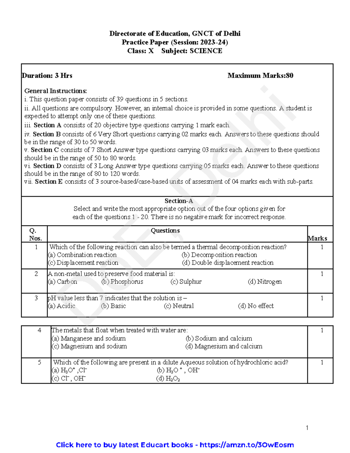 Class 10 Science Practice Paper 2023-24: Set 1 with Solutions - Studocu