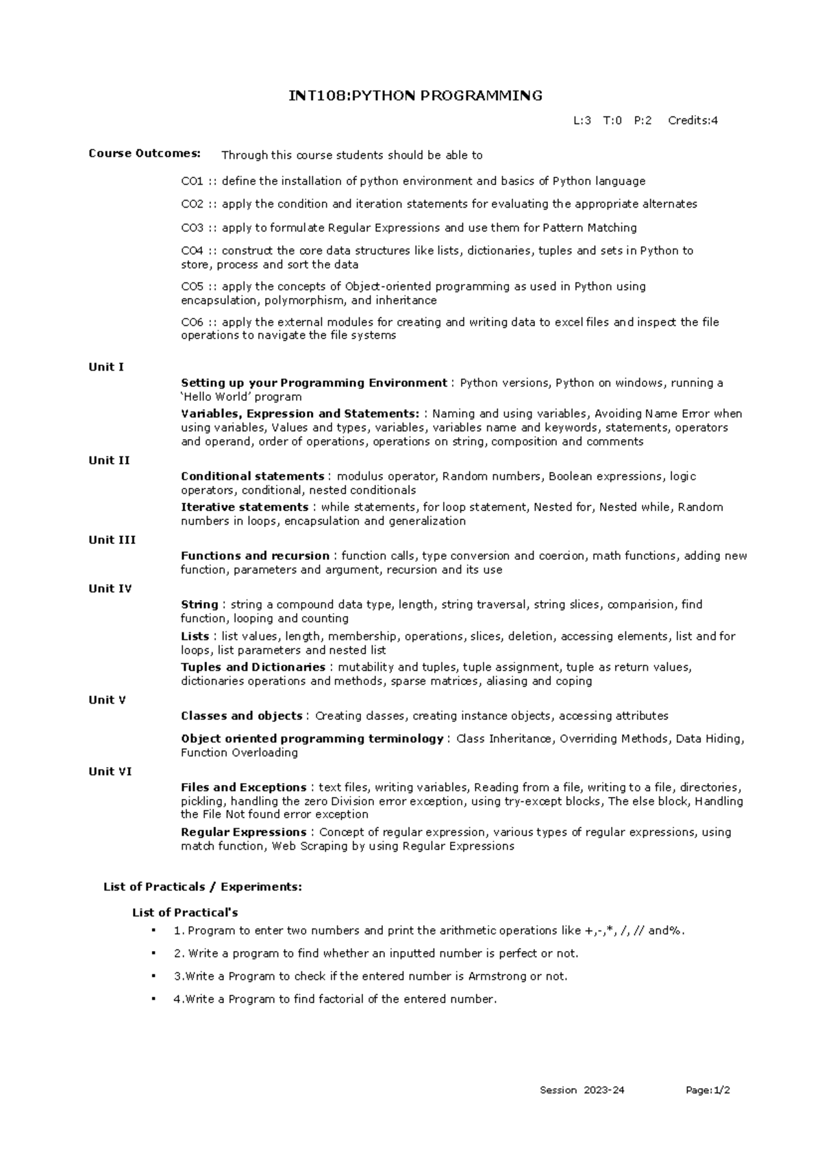 INT108: Python Programming Lecture 3 - Course Outcomes and Syllabus ...