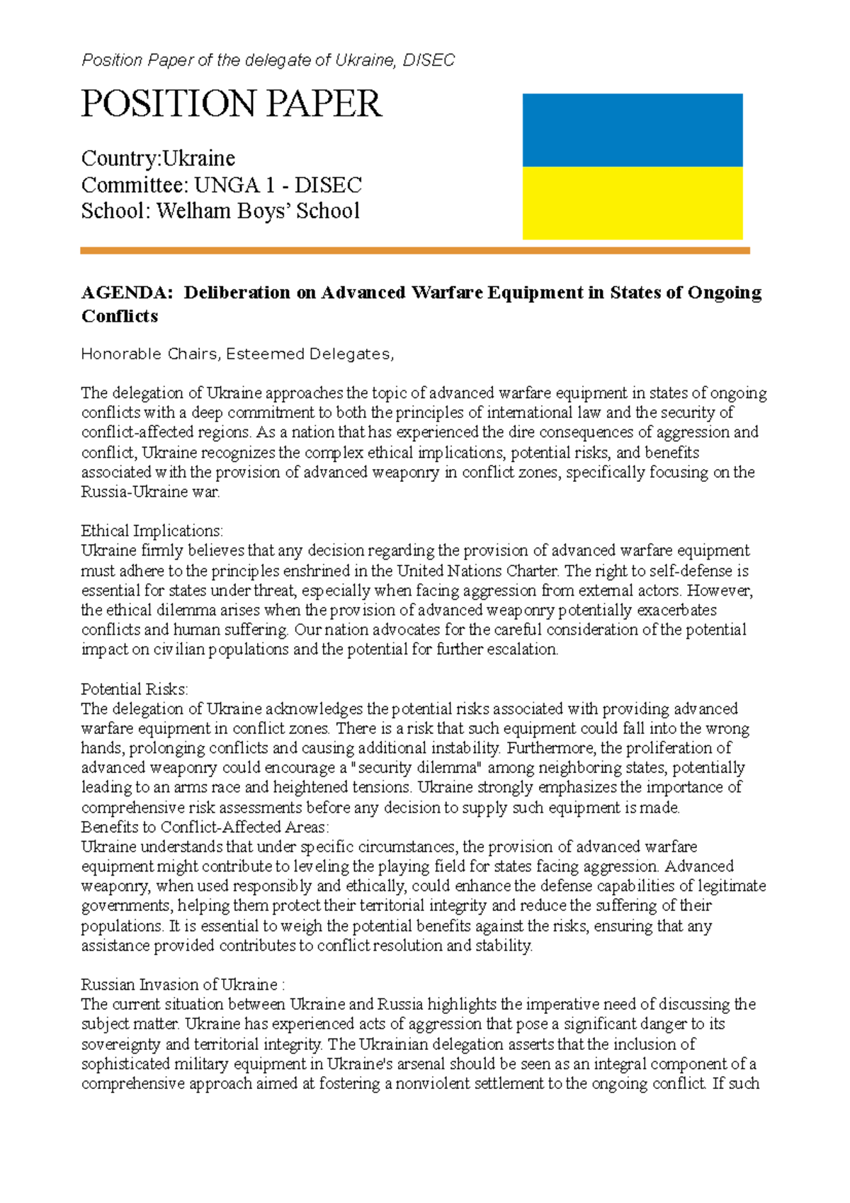 Position Paper on Advanced Warfare by Ukraine, UNGA 1-DISEC - Studocu