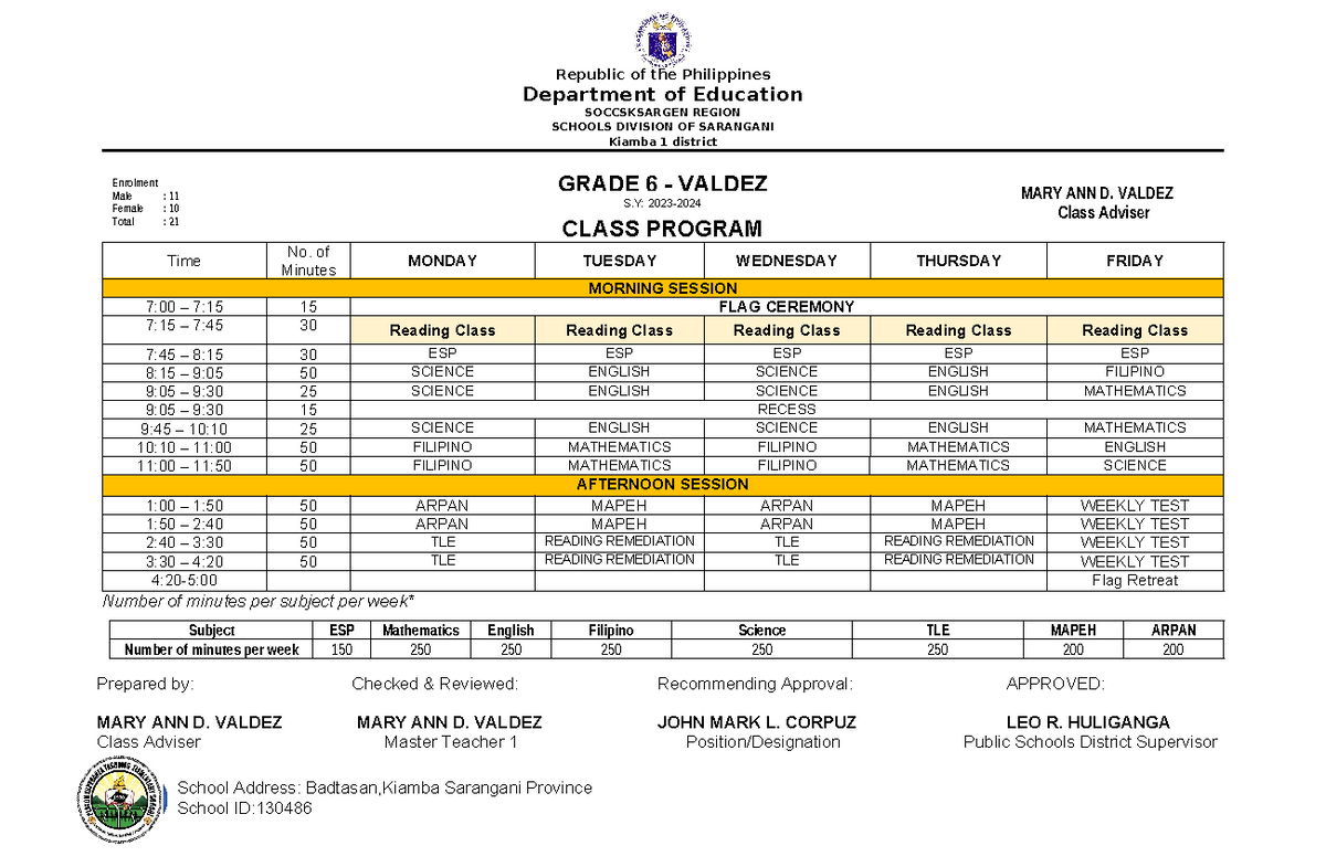 Class- Program - Insert School Logo Republic of the Philippines ...