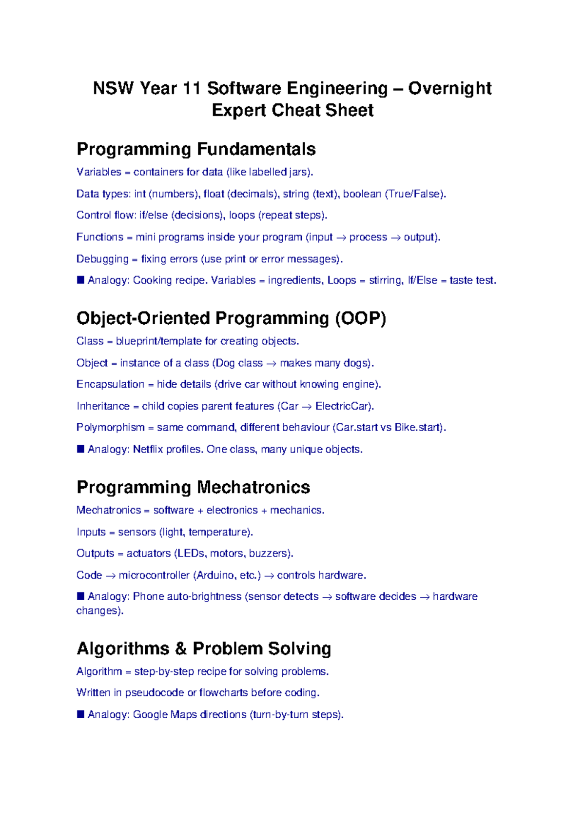 Year 11 Software Engineering Cheat Sheet: Programming Fundamentals - Studocu