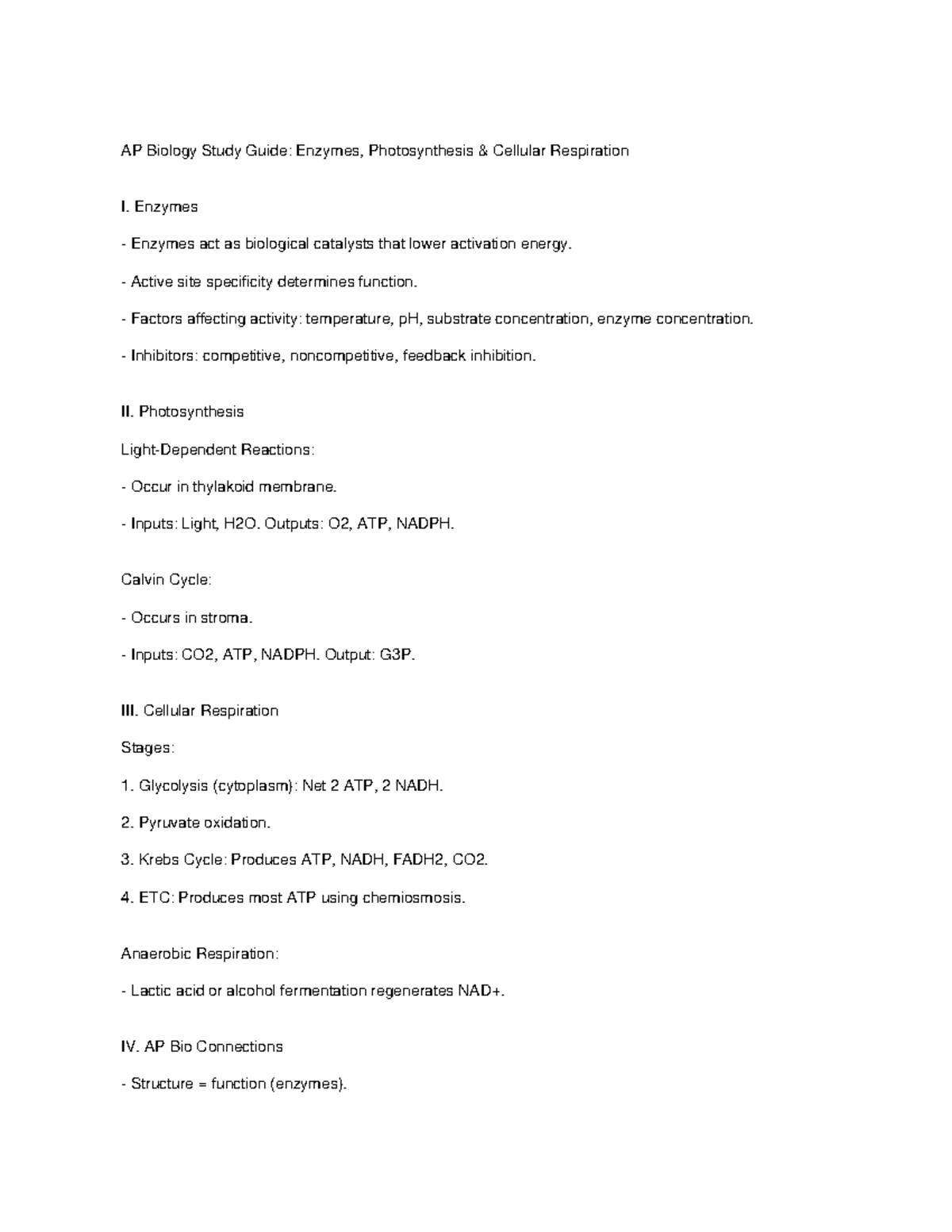 AP Biology Study Guide: Enzymes, Photosynthesis & Respiration - Studocu