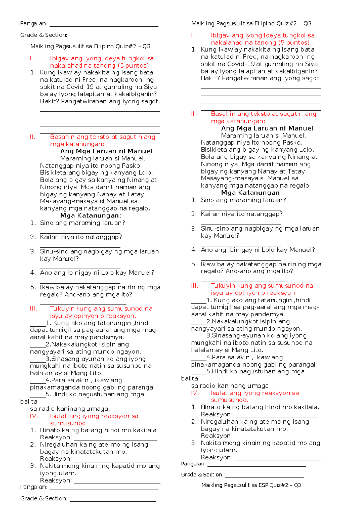 Quiz #2 (Filipino & ESP) - Pangalan ...