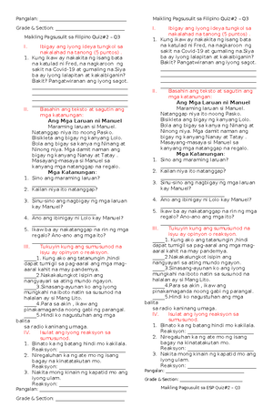 QUIZ #3 - Q3 ( Filipino & ESP) - Pangalan