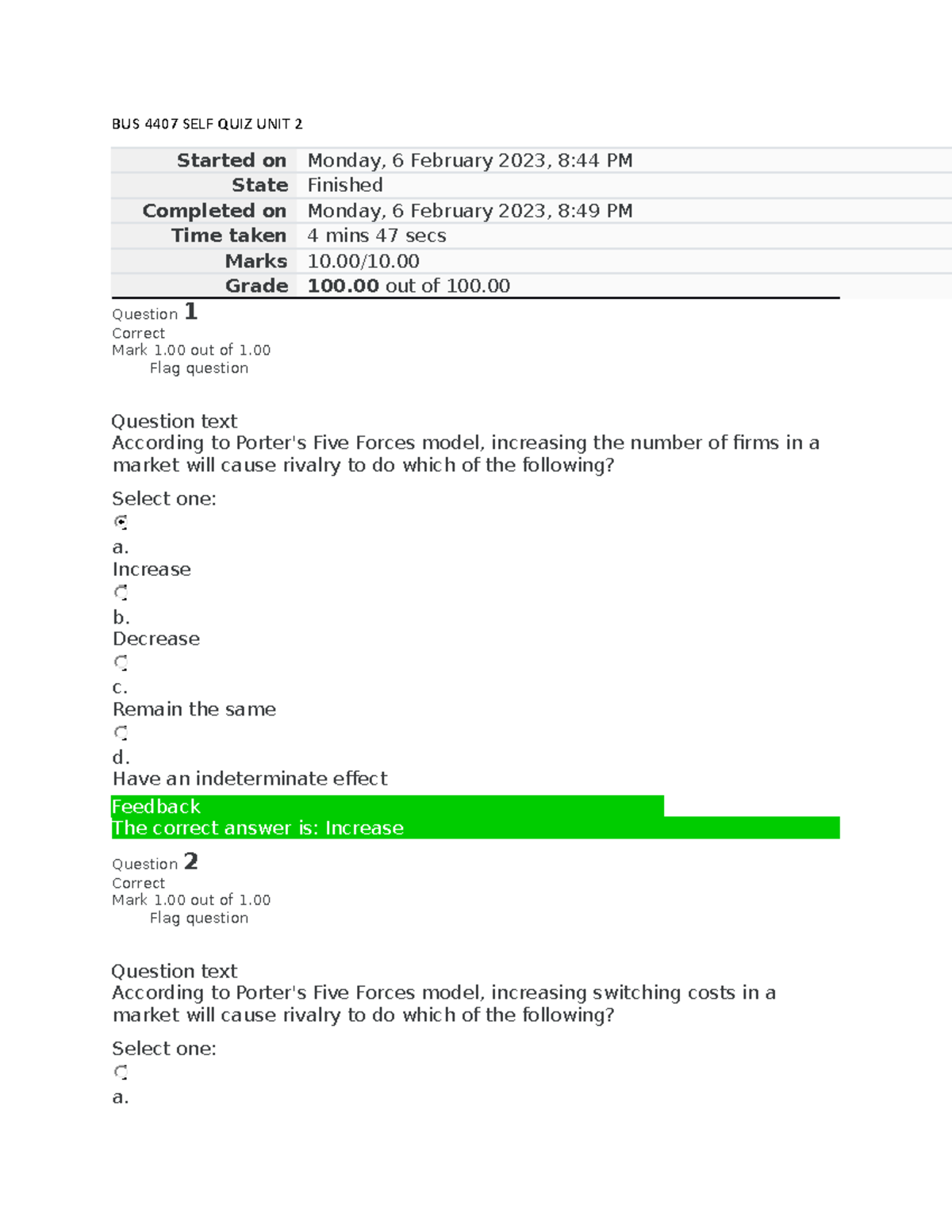 BUS 4407 SELF QUIZ UNIT 2: Understanding Porter's Five Forces - Studocu