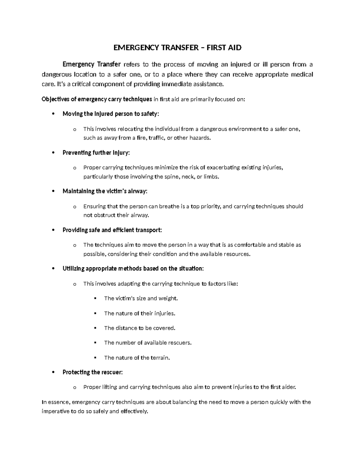 Emergency Transfer Techniques in First Aid - Studocu