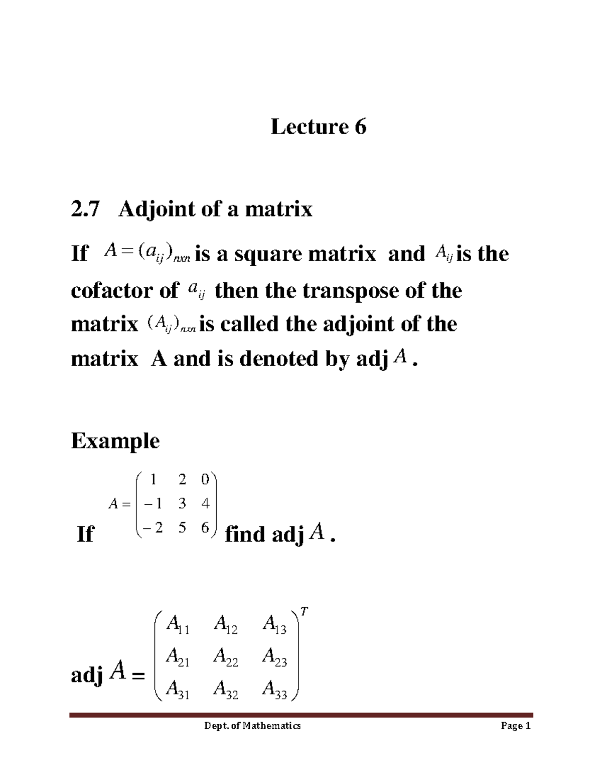 Algebra - Lecture 6: Adjoint of a Matrix and Elementary Transformations ...