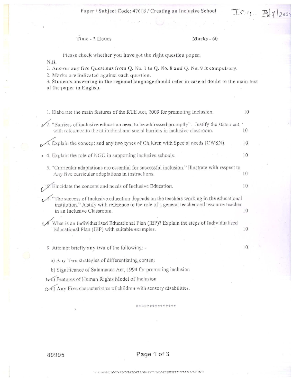 CI 47618 - Inclusive Education Exam Paper: Key Questions & Guidelines ...