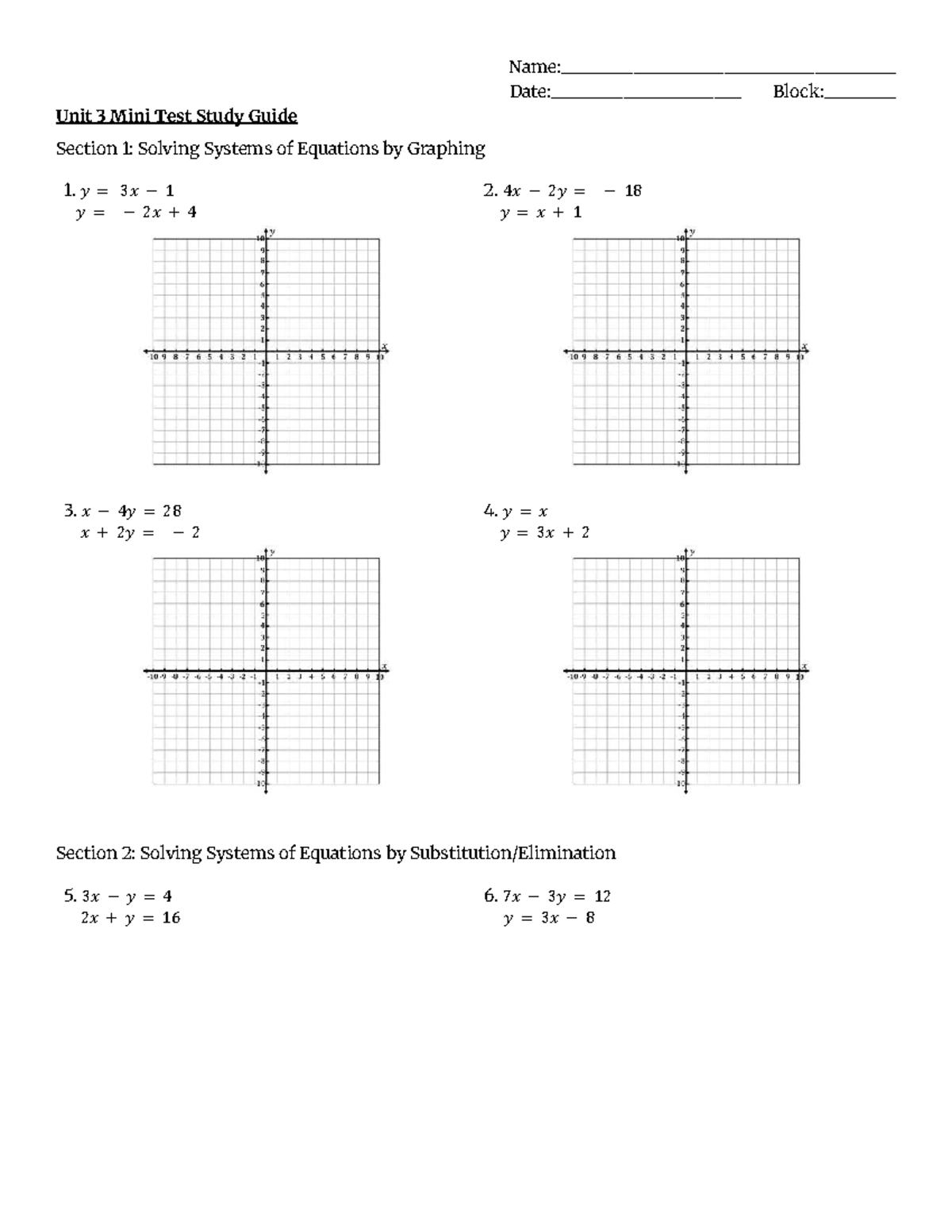 HONORS F25 Unit 3 Mini Test Study Guide: Systems of Equations - Studocu