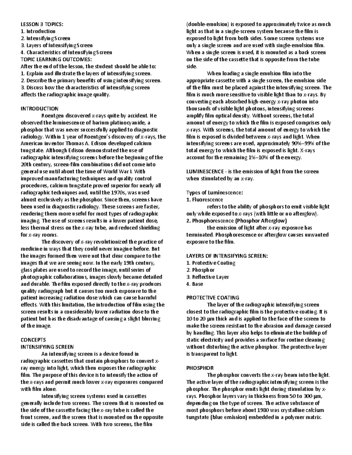 Lesson 3: Understanding Intensifying Screens in Radiography - Studocu