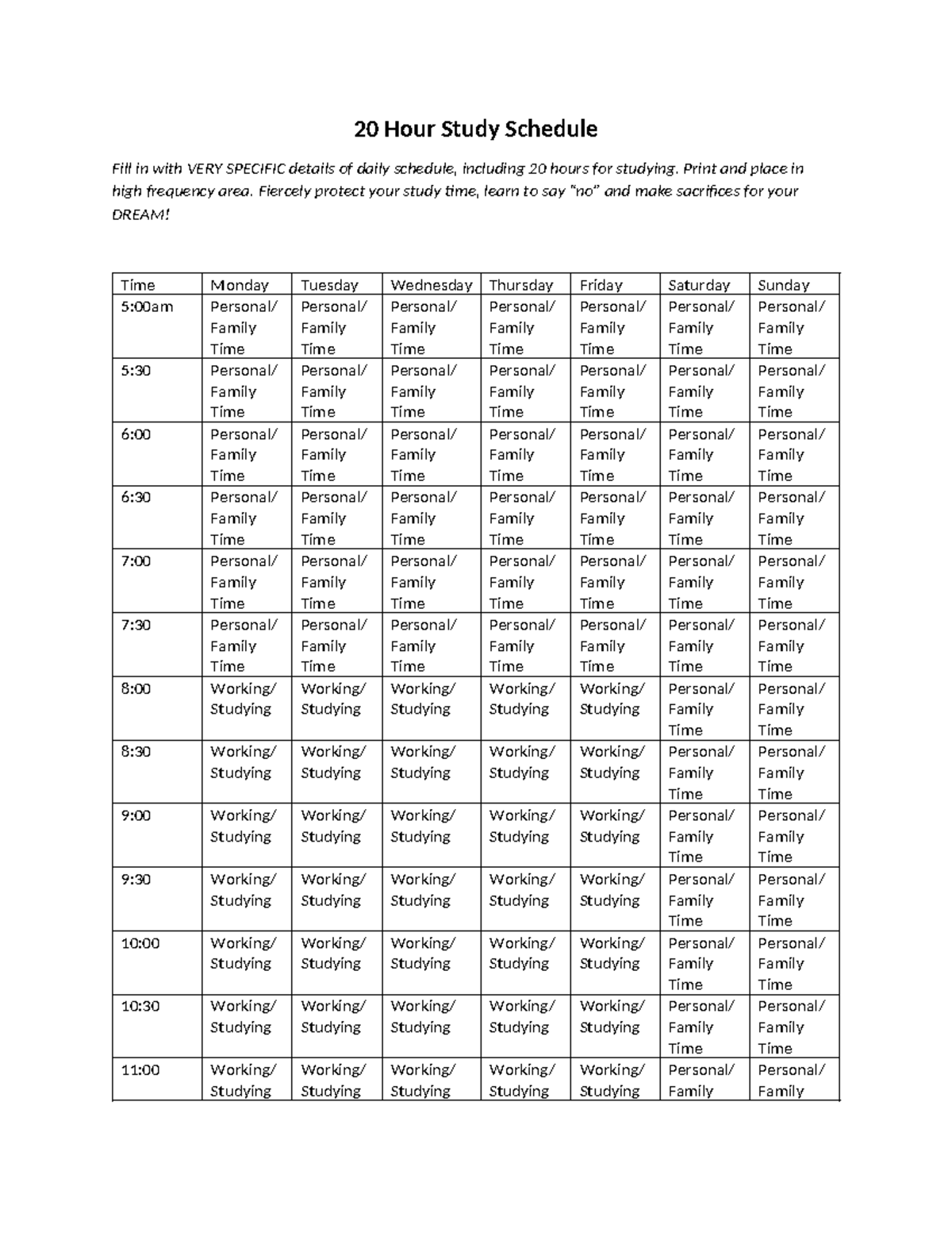 20-Hour Weekly Study Schedule for Optimal Time Management - Studocu