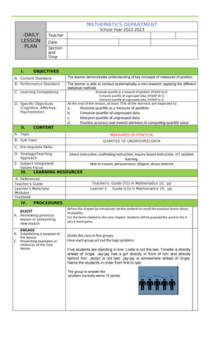 Mathematics 10 Lesson Plan: Understanding Deciles (M10SP-I) - Studocu