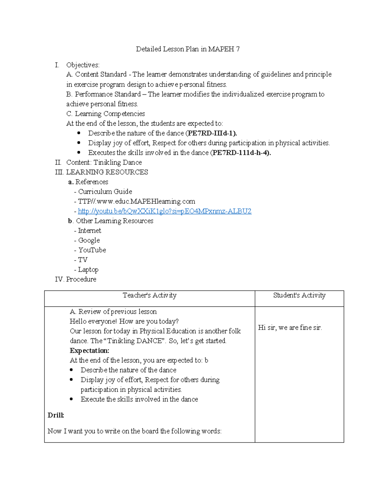 Detailed Lesson Plan on Tinikling Dance (PE7RD) - Studocu