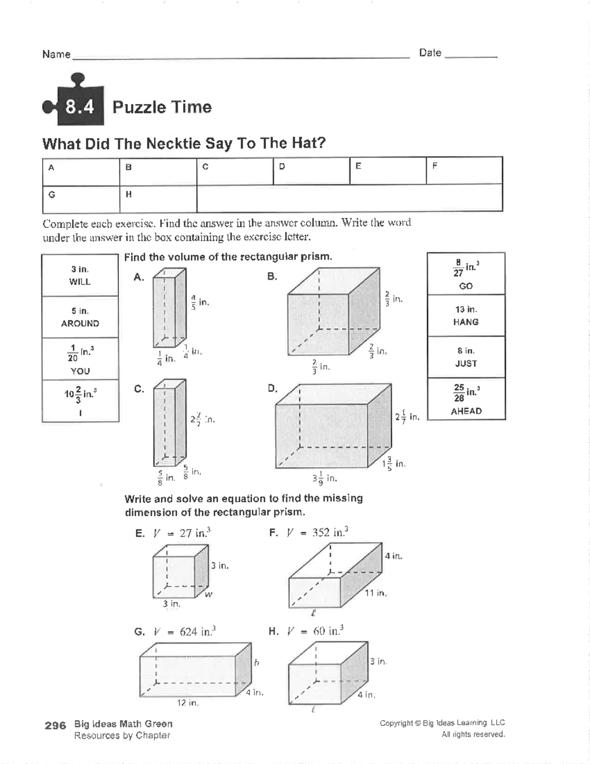 8.4 Math Puzzle Time: Volume of Rectangular Prisms Activities - Studocu