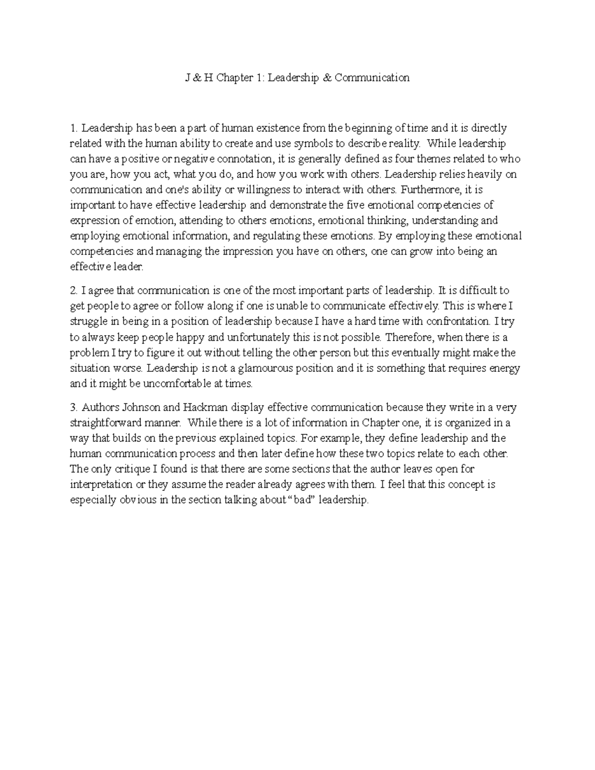J & H Chapter 1 Leadership & Communication - J & H Chapter 1 ...