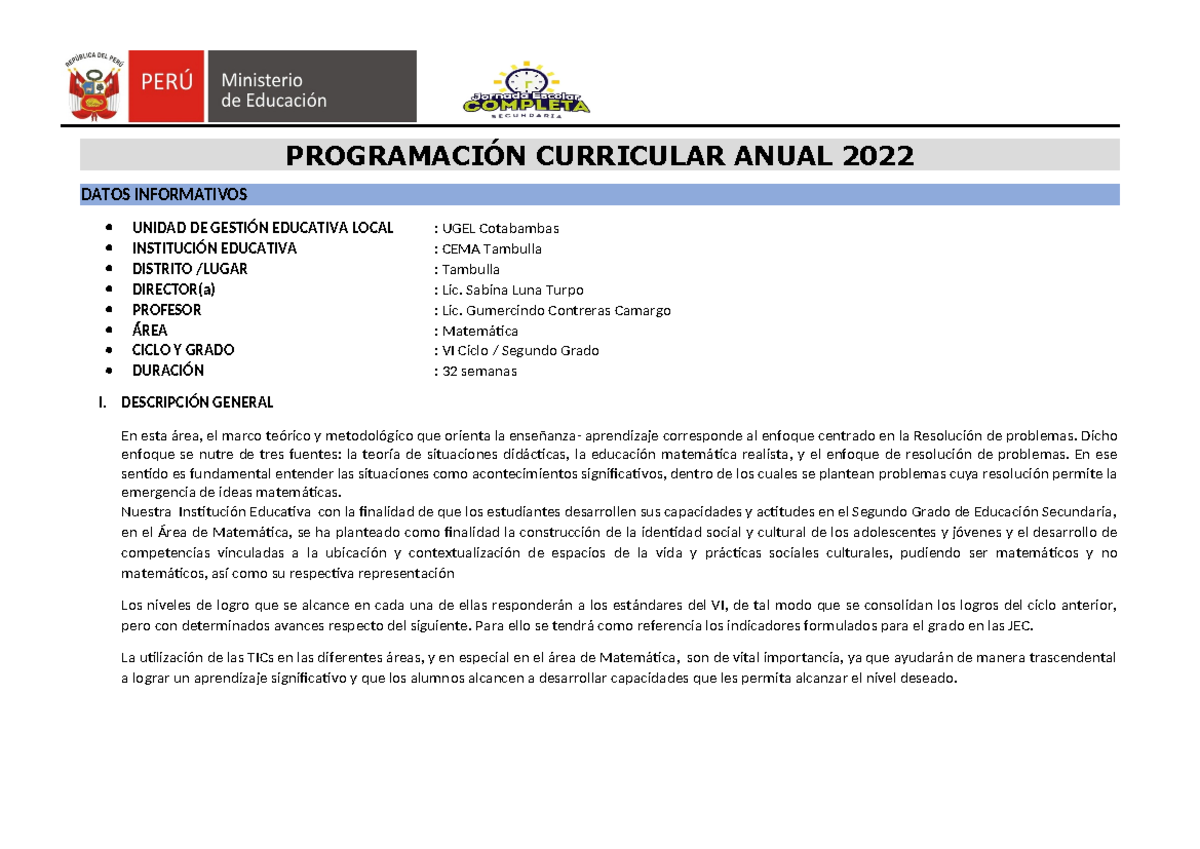 Programación curricular anual Secundaria - PROGRAMACIÓN CURRICULAR ANUAL 2022 DATOS INFORMATIVOS ...