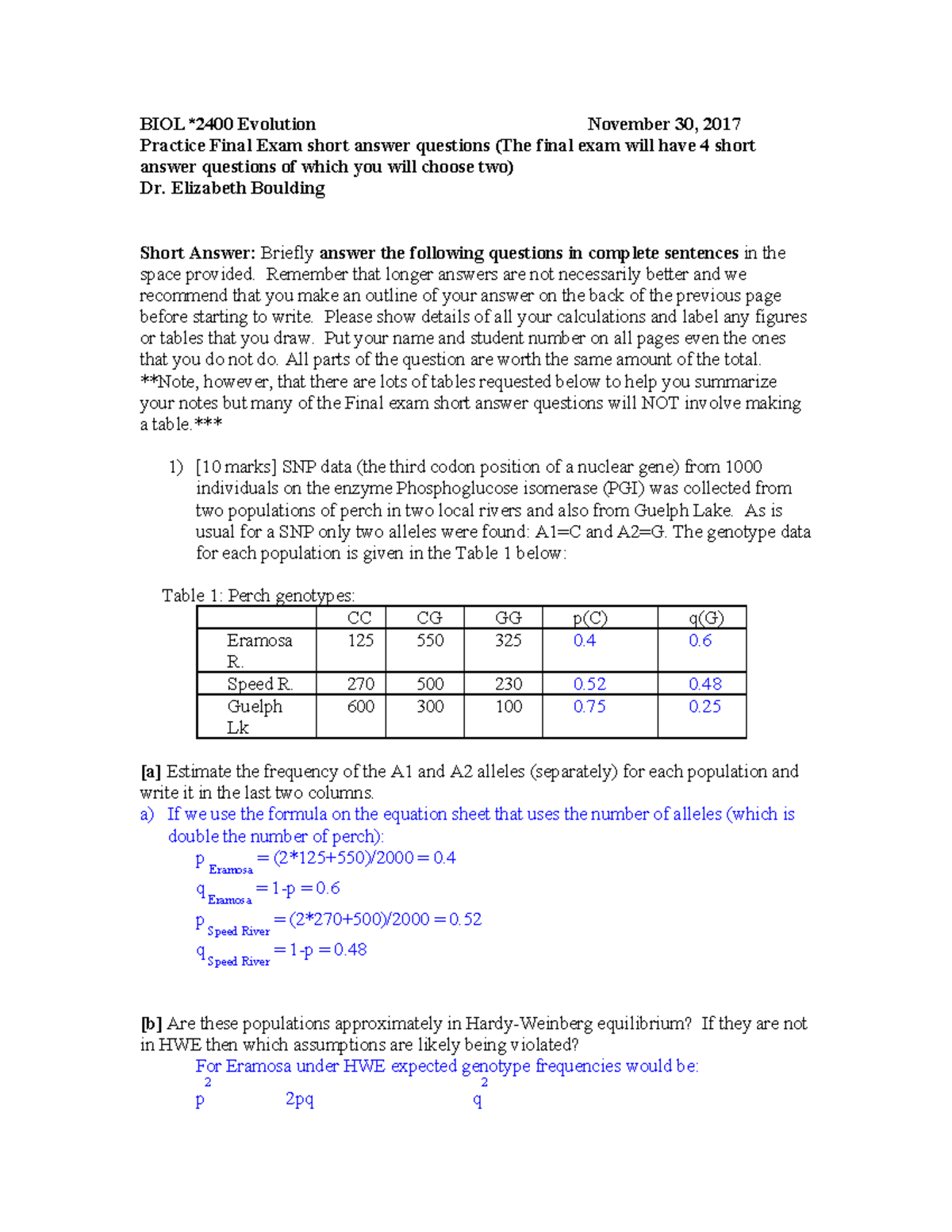 BIOL*2400 Practice Final Exam Short Answer Questions - Studocu