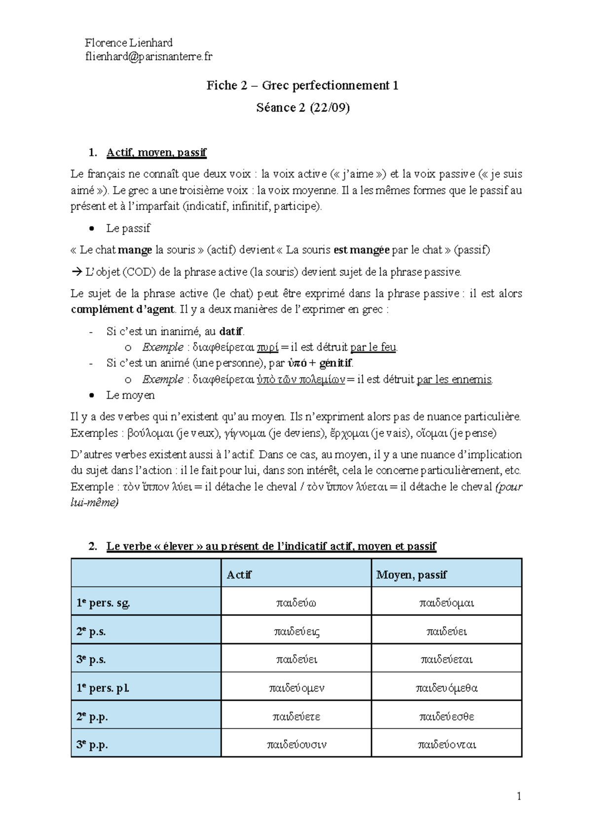 Fiche 2 - Grec Perfectionnement 1 - Séance 2: Voix Active, Passive et ...
