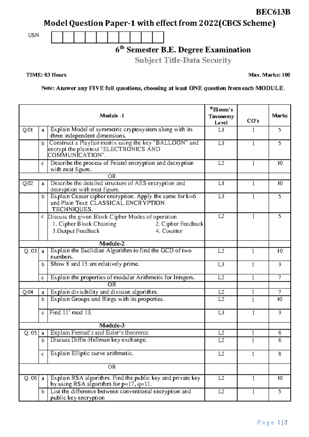 BEC613B Model Question Paper for Security - 6th Sem B.E. Exam - Studocu