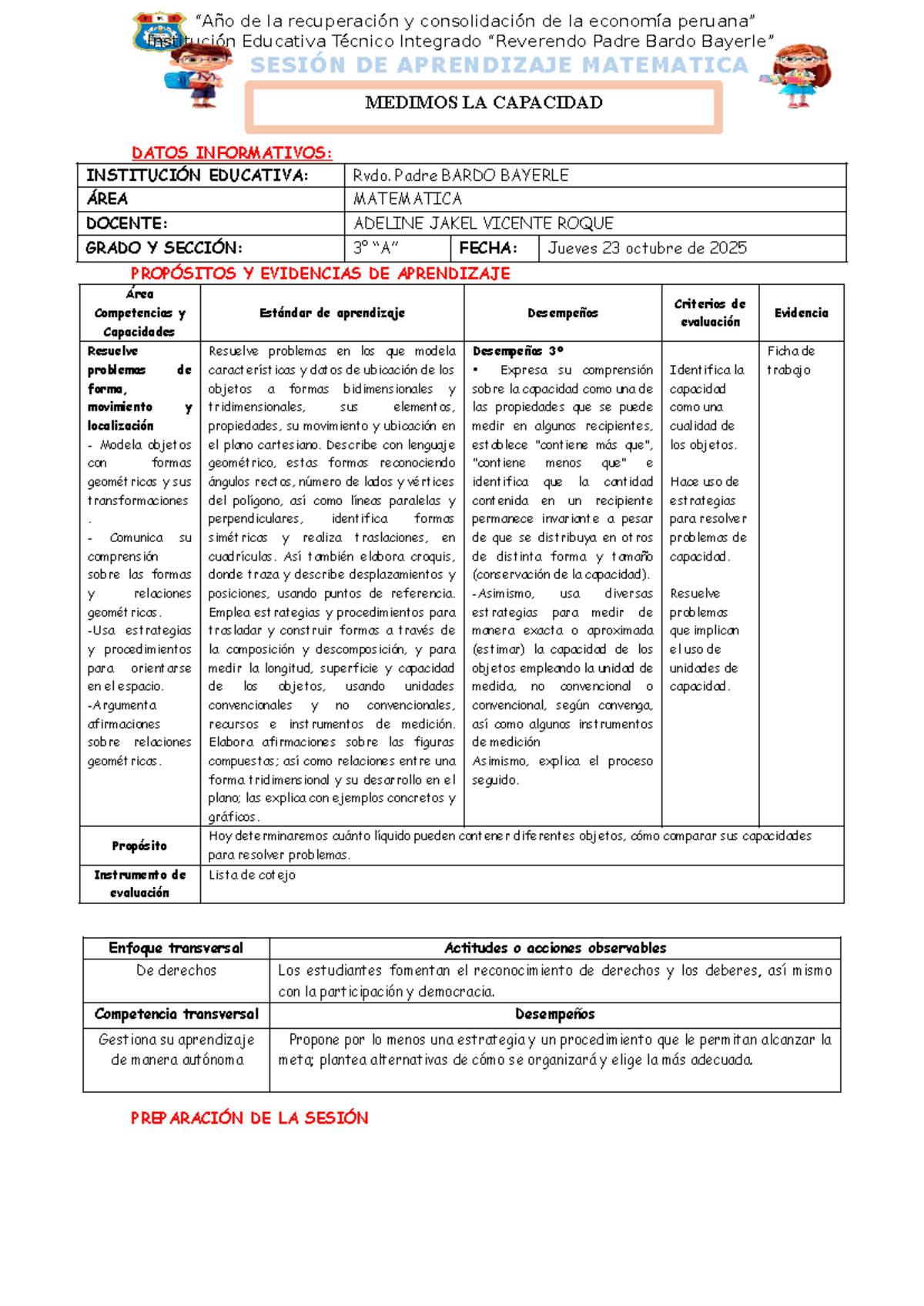 Sesión de Aprendizaje Matemática: Medimos la Capacidad - Jueves 23/10 ...
