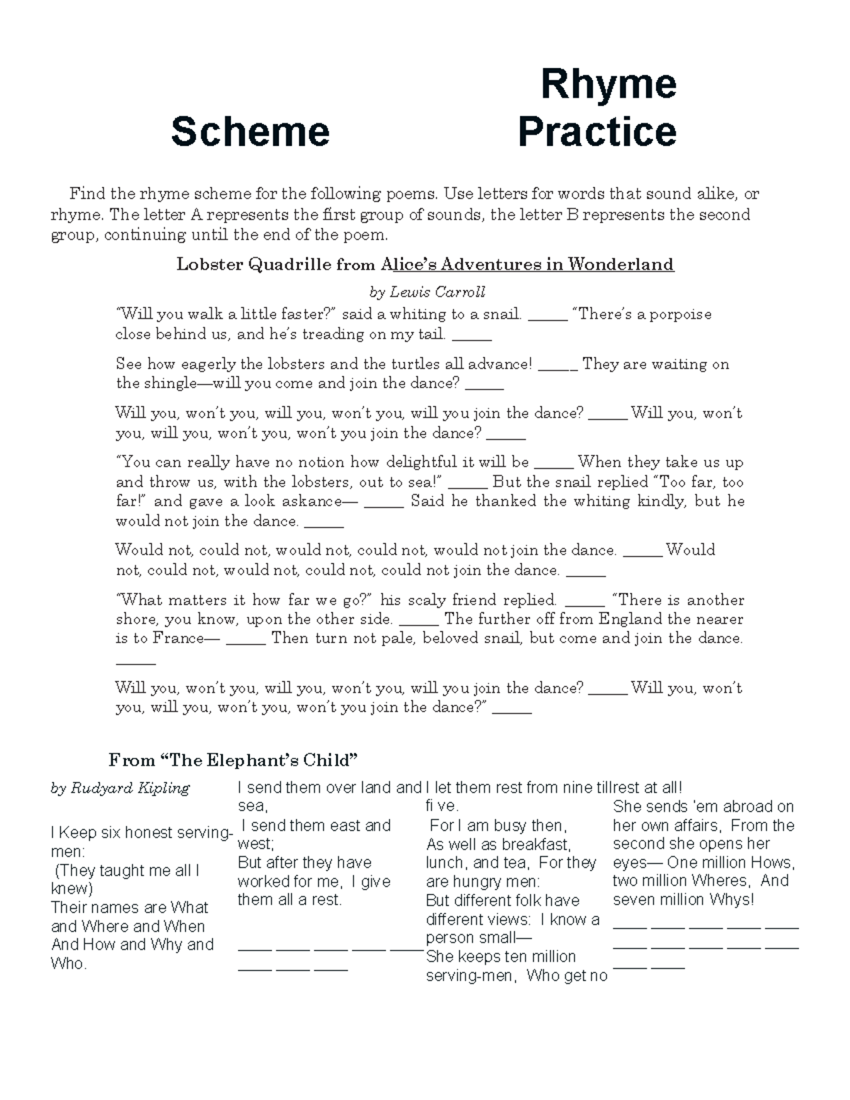 Rhyme Scheme Practice Worksheet for Poetry Analysis - Studocu