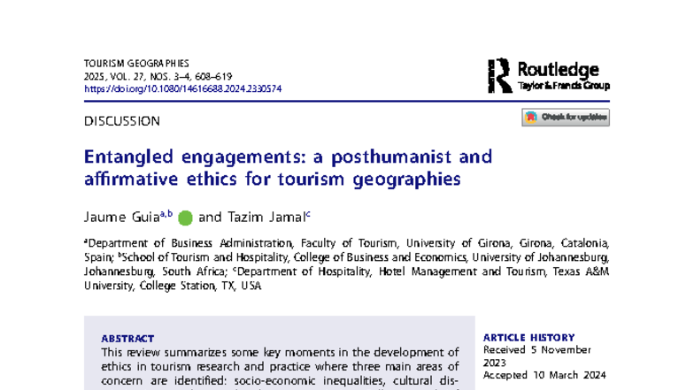Tourism Geographies 2025: Posthumanist Ethics in Tourism Research - Studocu