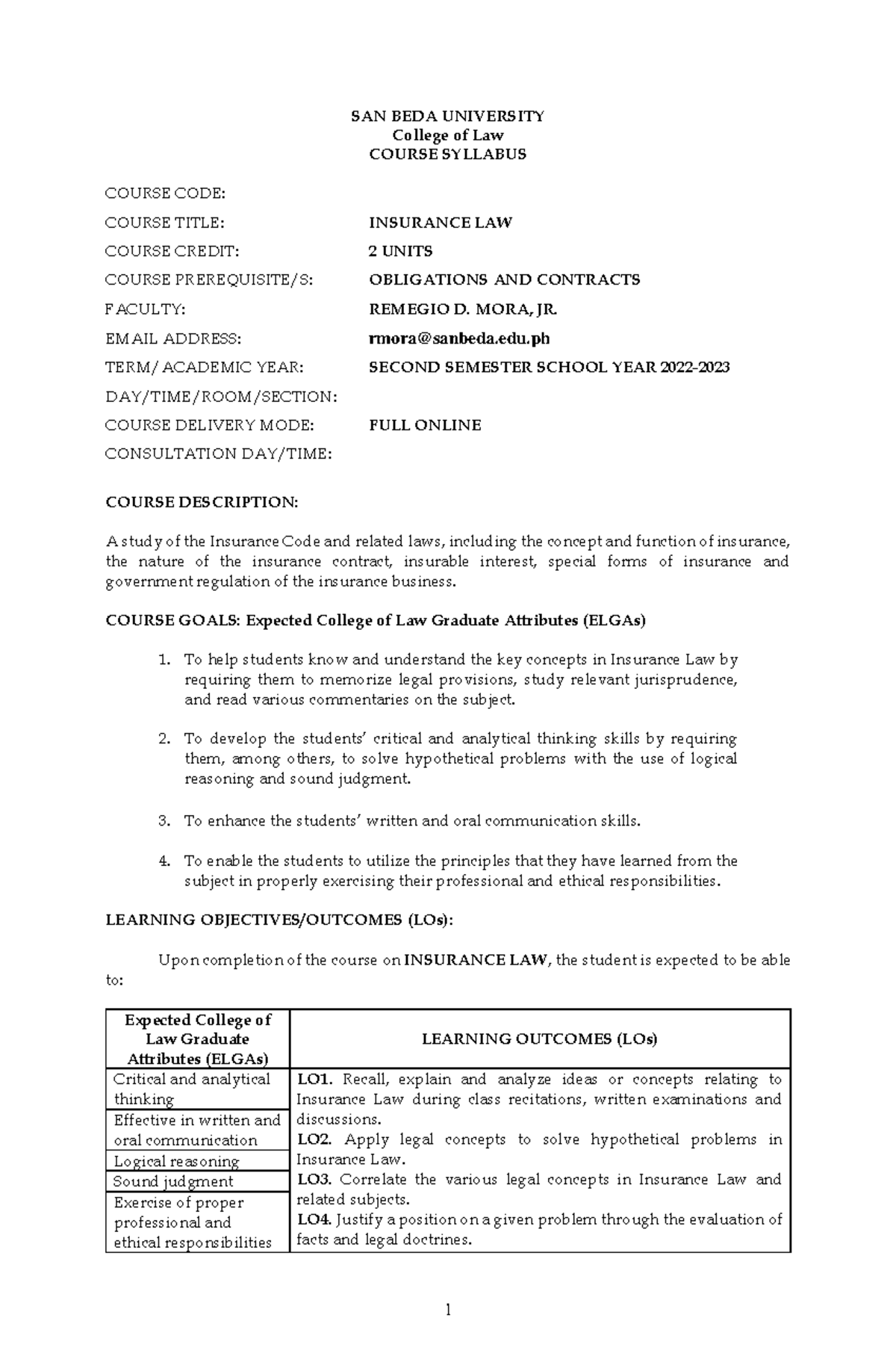 Syllabus of Insurance Law (LAW 101) - AY 2022-2023 - Updated - Studocu