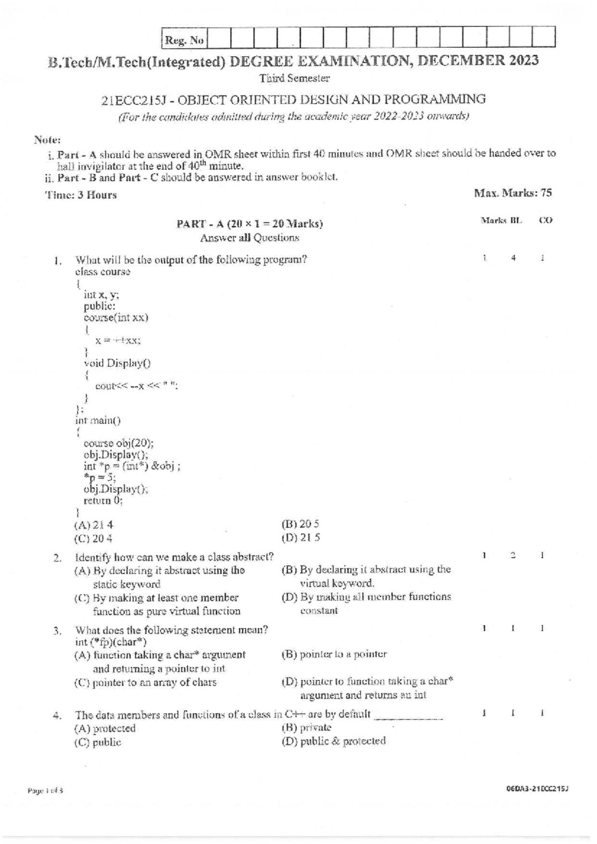 21ECC215J Final Exam: Object Oriented Design & Programming - Studocu