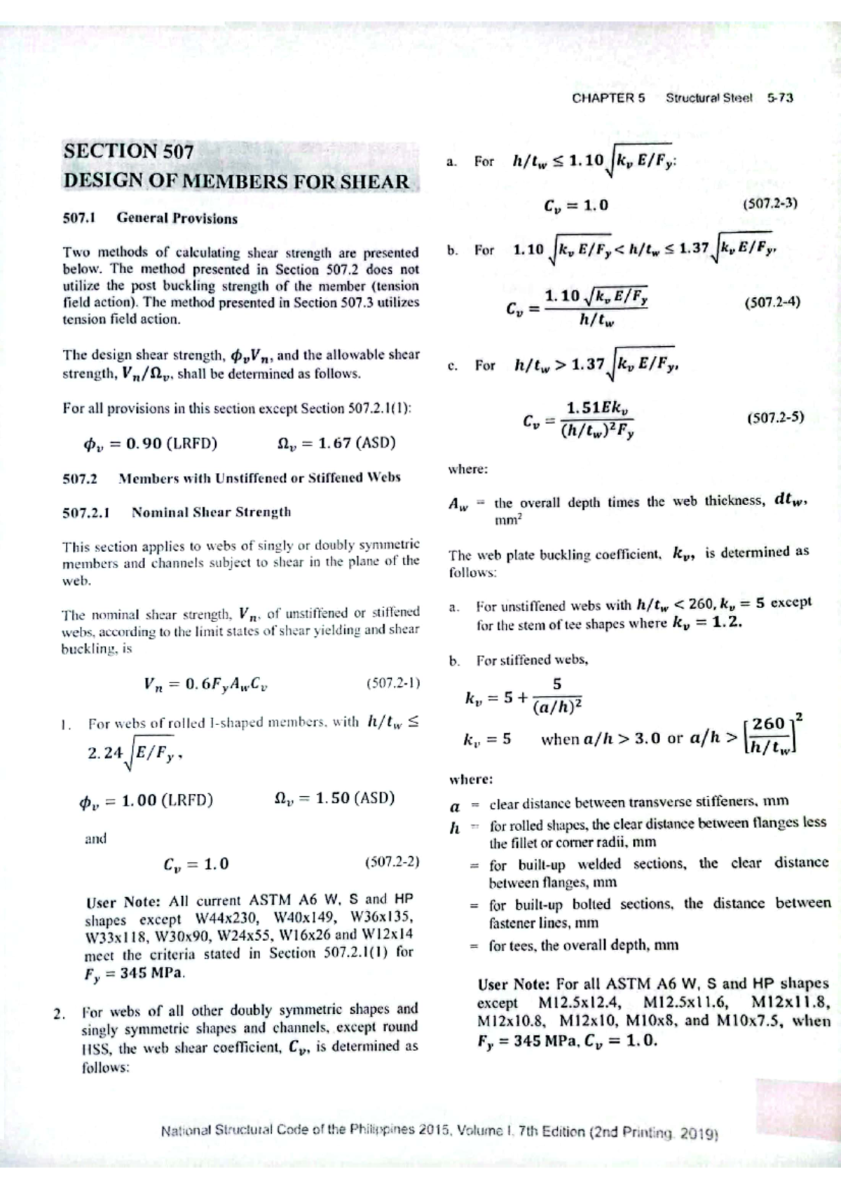 Steel Design Notes: NSCP Chapter 5 - Shear Strength Analysis - Studocu