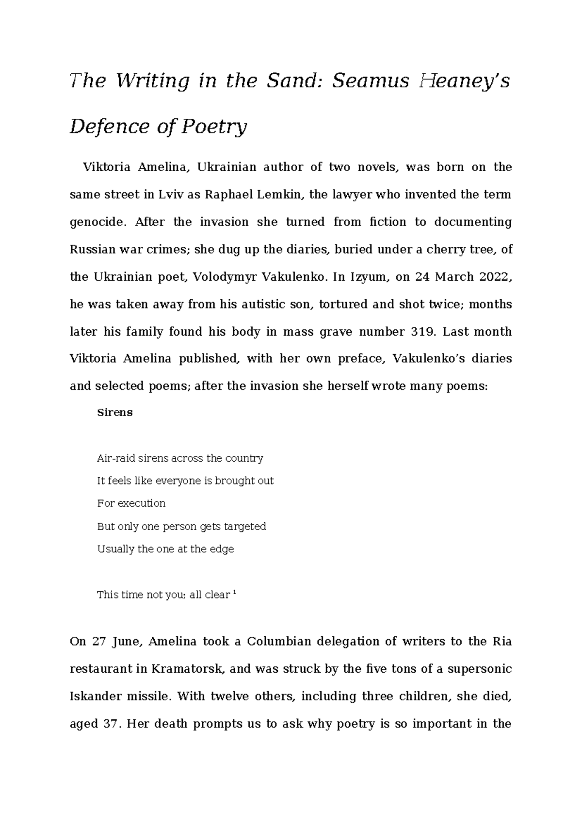The Writing in the Sand: Seamus Heaney's Reflection on Poetry and War ...