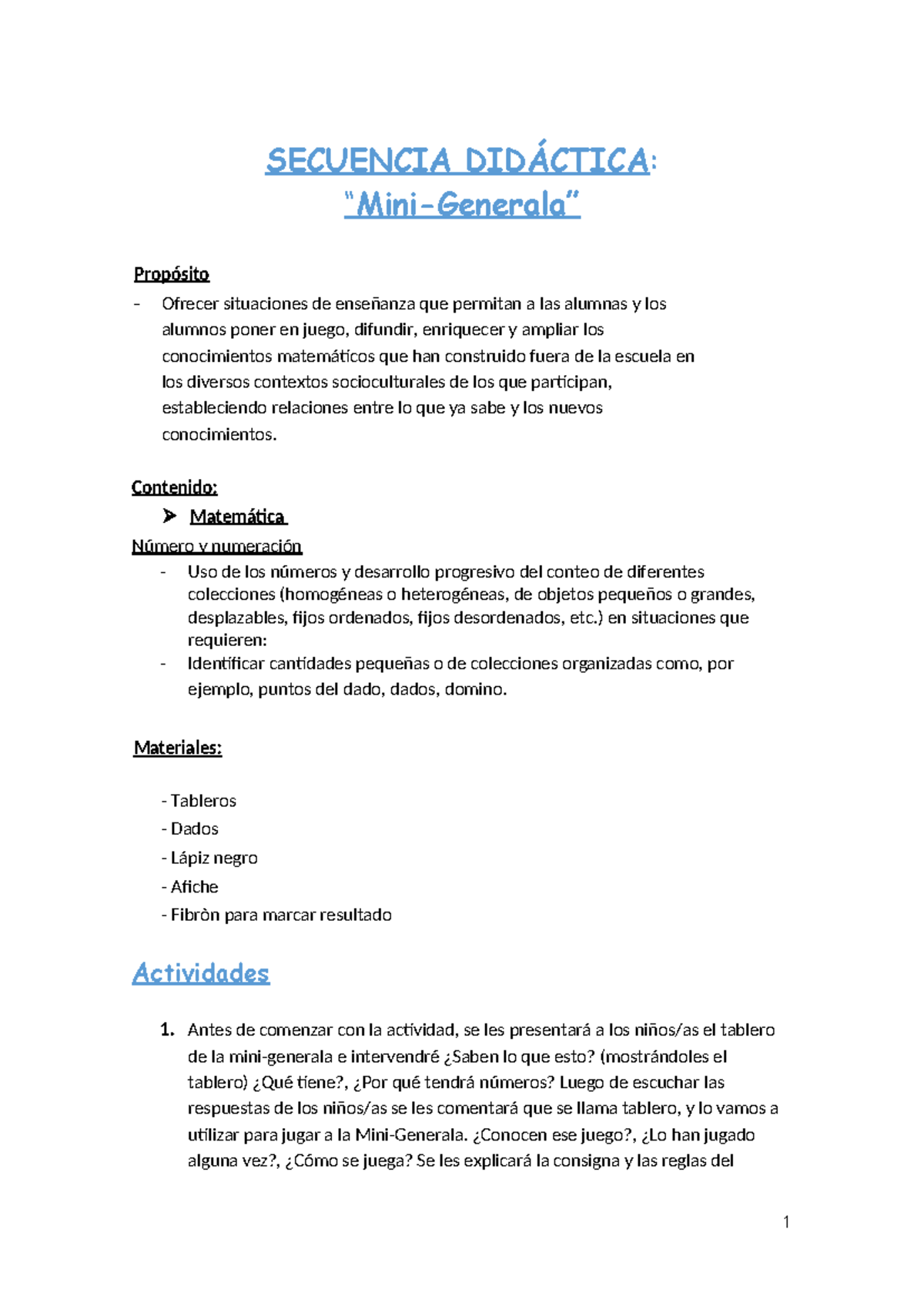 Secuencia Didáctica: Juego de Mini-Generala en Matemáticas - Studocu