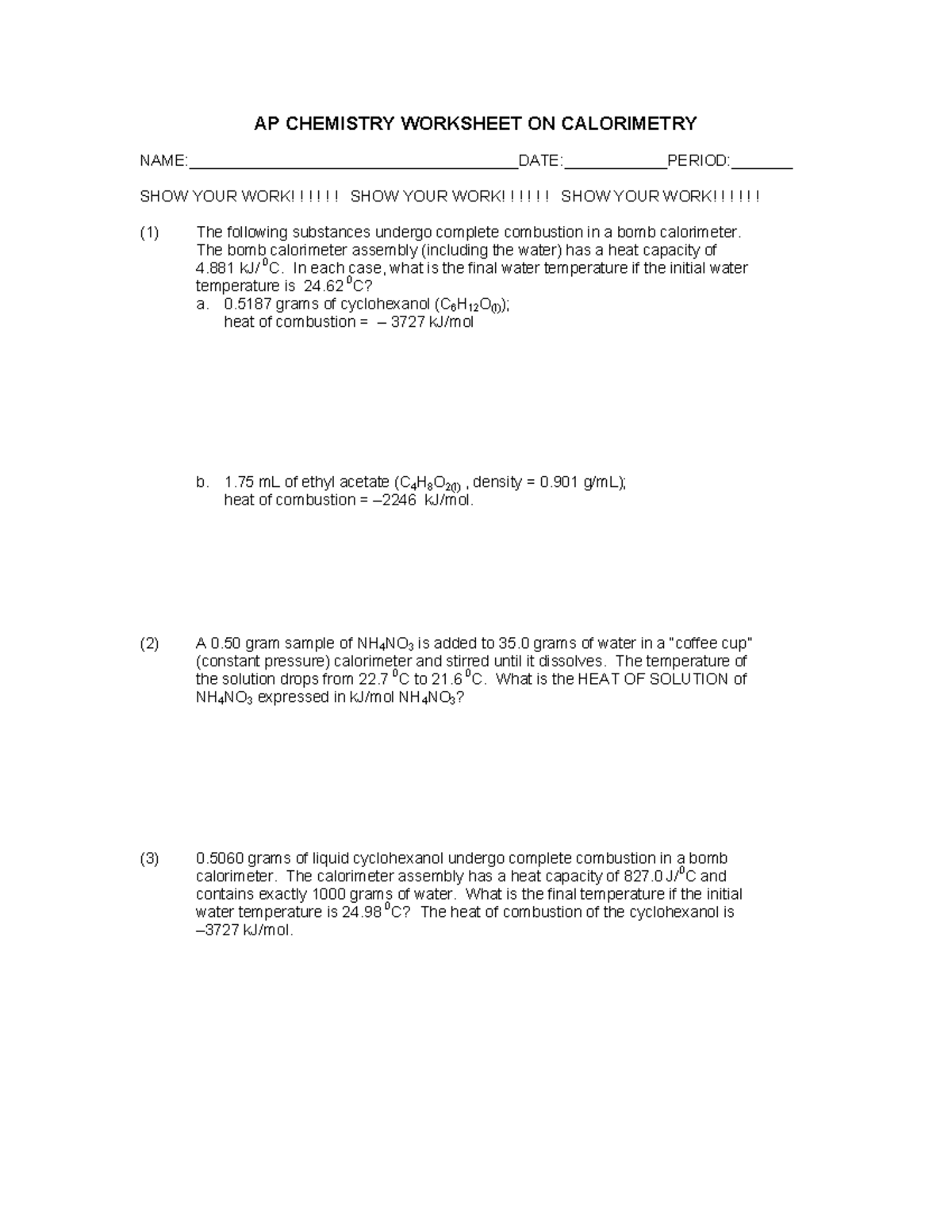SCH4U AP Chemistry Calorimetry Practice - AP CHEMISTRY WORKSHEET ON ...