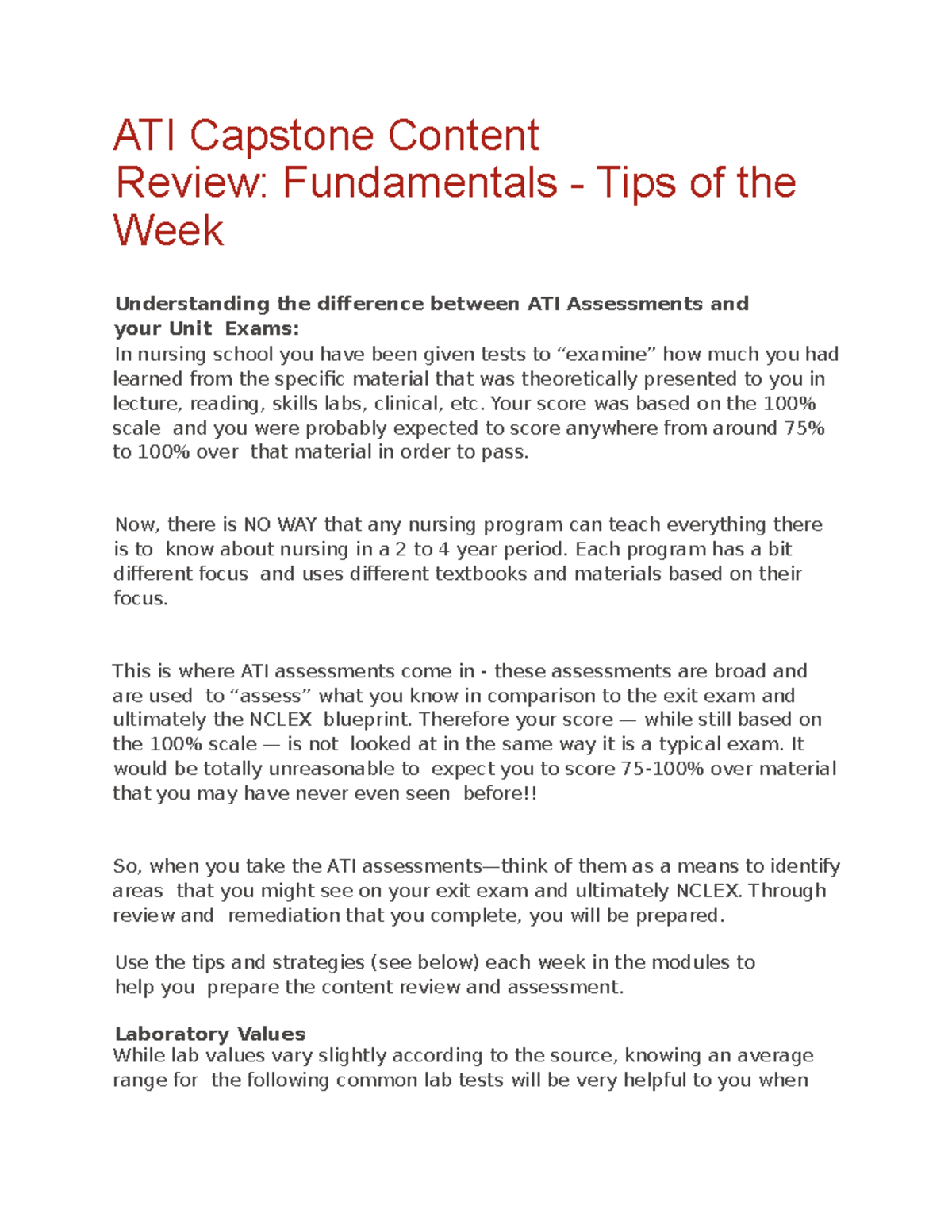 ATI Capstone: Weekly Tips for Nursing Exams & Assessments - Studocu