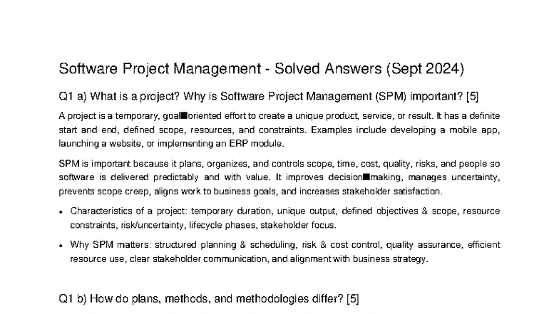 SPM 2024: Software Project Management Solved Q&A Guide - Studocu