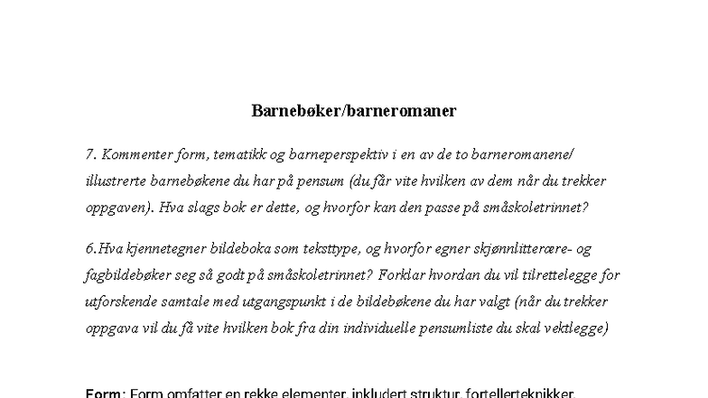 Barnebøker og Barneromaner: Form, Tematikk og Barneperspektiv - Studocu