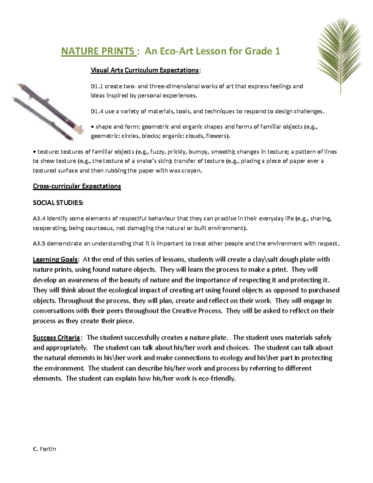 Nature Prints Eco-Art Lesson for Grade 1 (Visual Arts Course) - Studocu