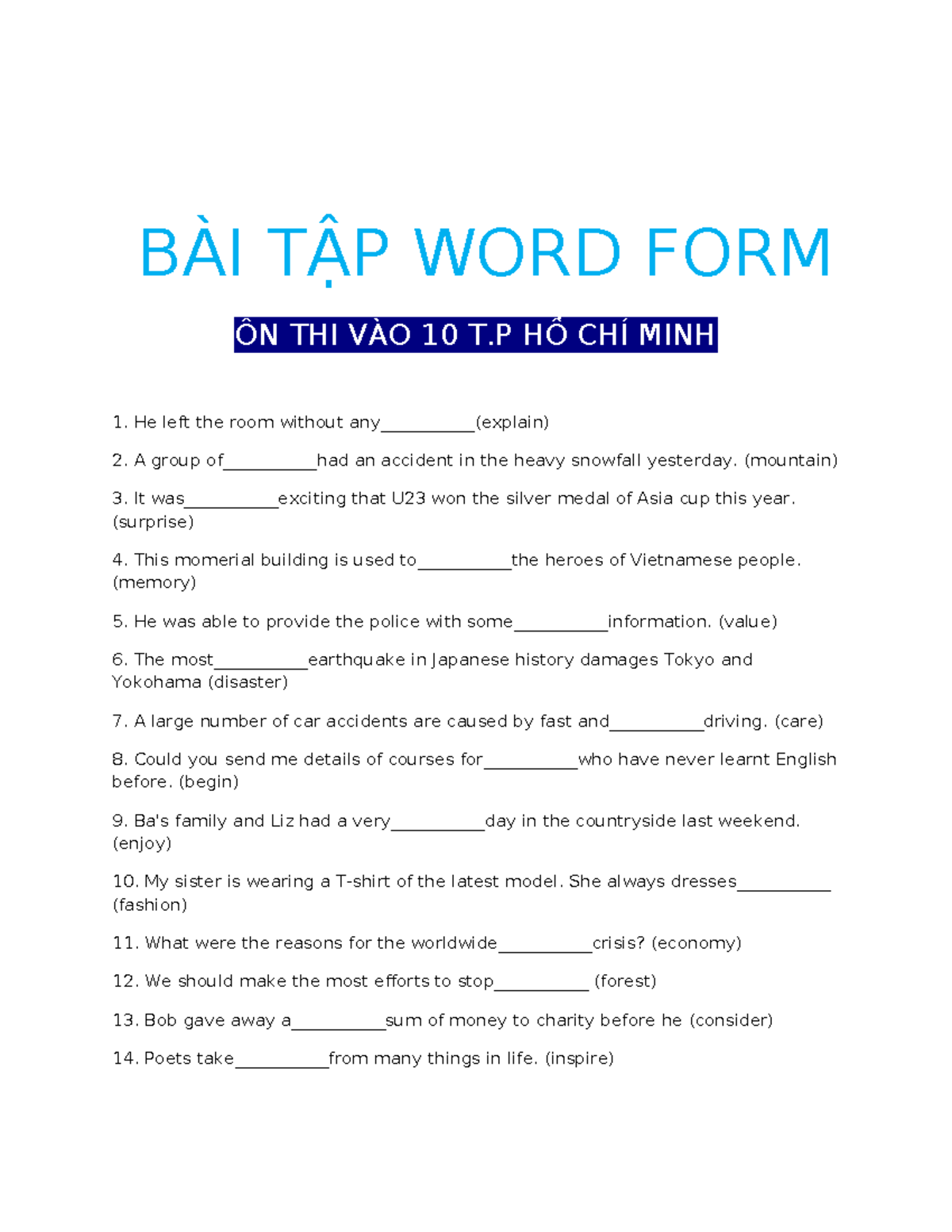 400 CÂU BÀI TẬP WORD FORM ÔN THI VÀO 10 TPHCM - Studocu