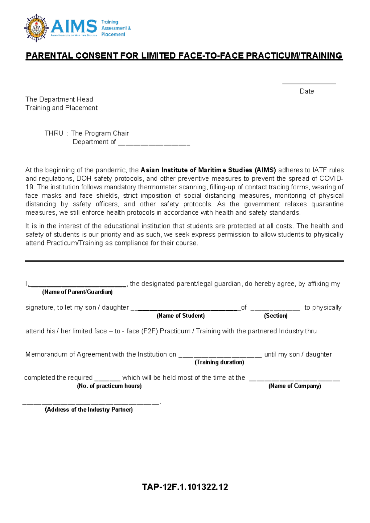 TAP 12F Parental Consent FOR Limited FACE FACE Practicum Training ...