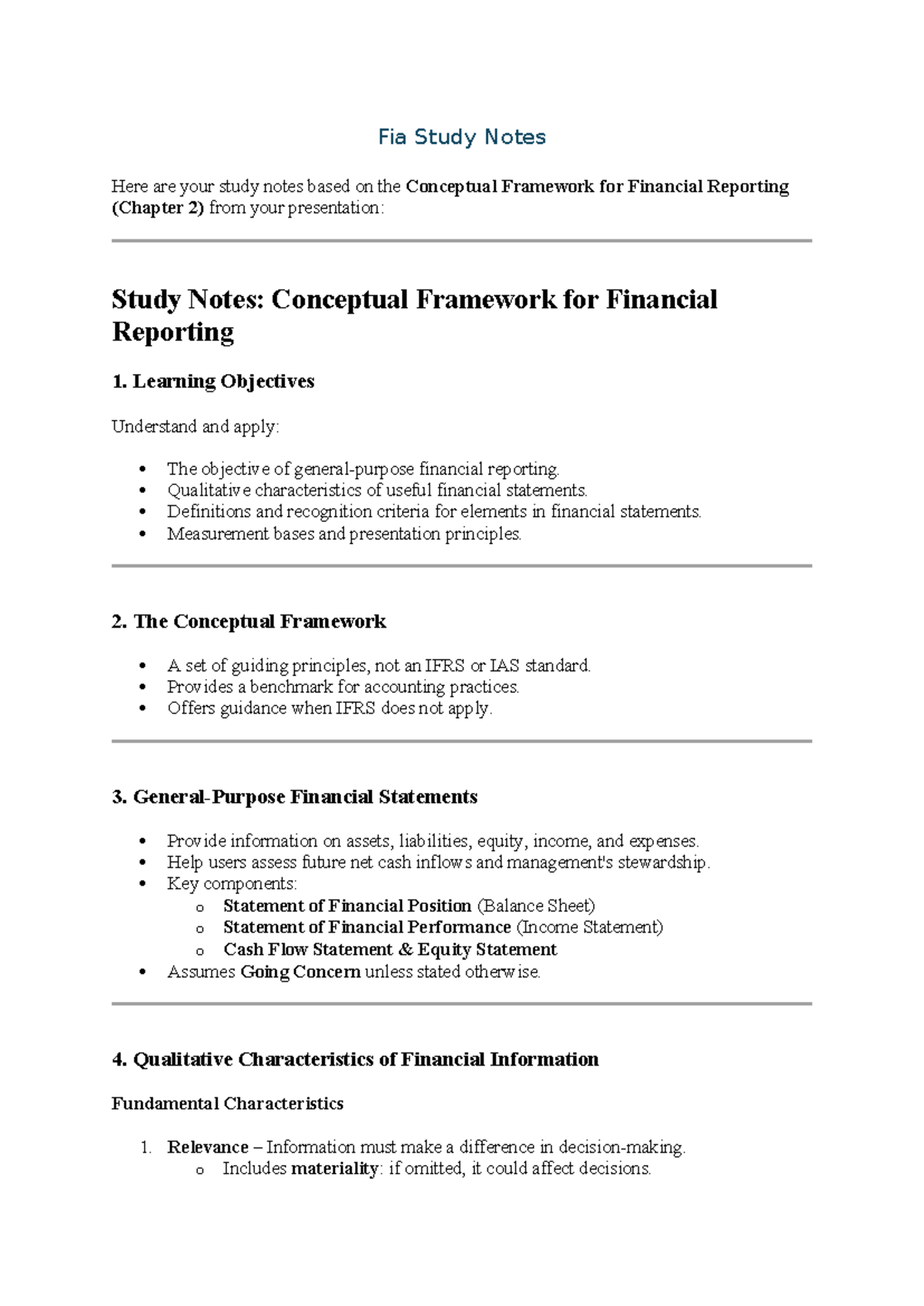 FIA study notes: Conceptual framework for financial reporting summary ...