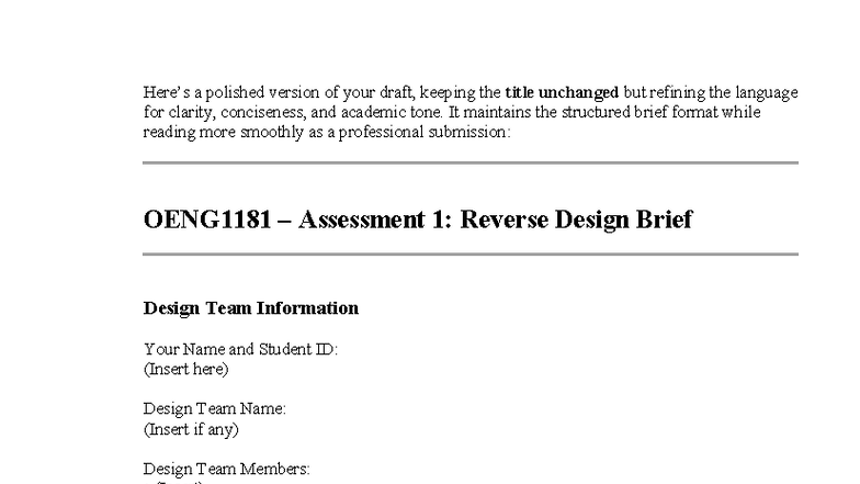 OENG1181 Assessment 1: Reverse Design Brief for Water Resilience in ...