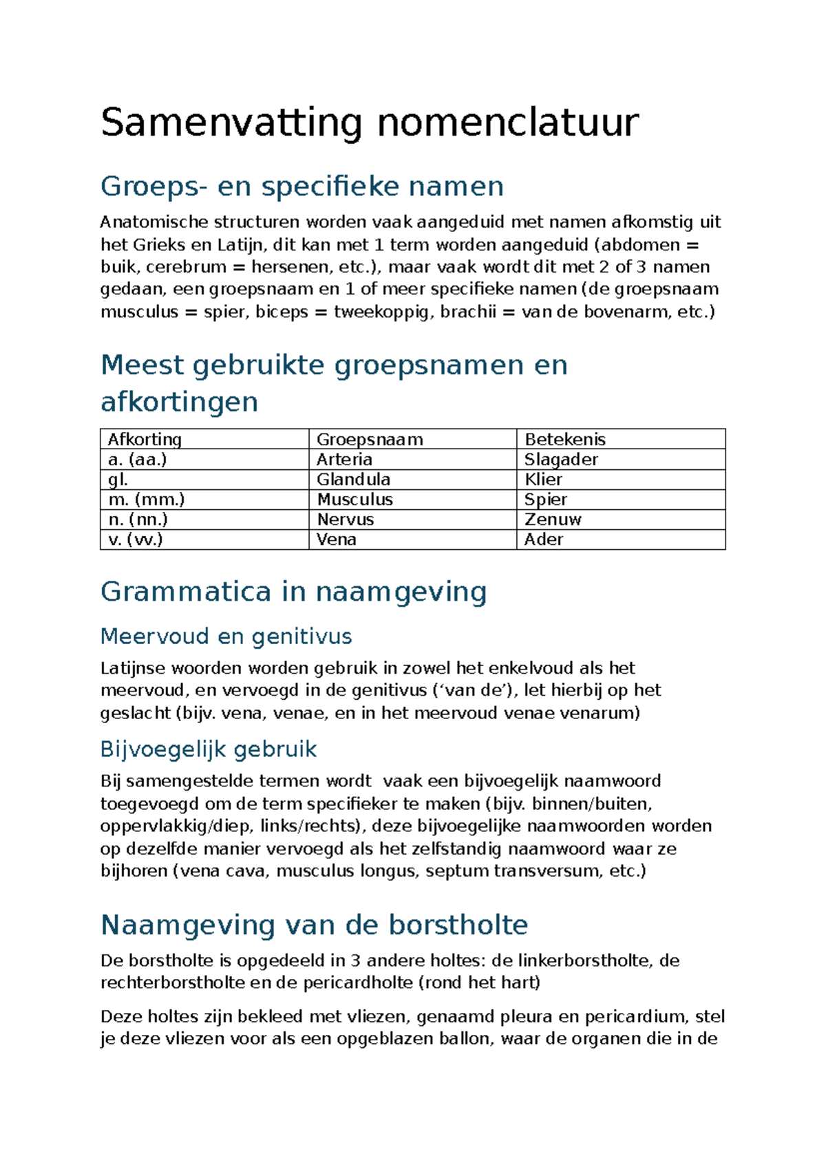 Begrippenlijst Zelfstudie Nomenclatuur Anatomie en Fysiologie - Studeersnel