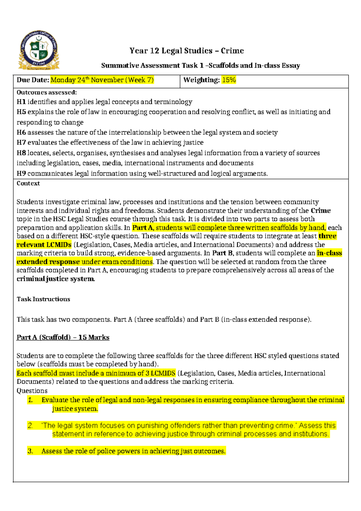 Year 12 Legal Studies HSC Assessment Task 1: Crime Essay & Scaffolds ...